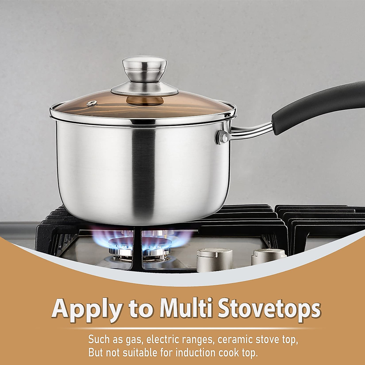 P&P CHEF 2QT Saucepan, Stainless Steel 2 Quart Saucepan with Lid, Multipurpose Sauce Pan for Kitchen Restaurant Cooking, Visible Glass lid & Heat-Proof Handles, Rust Resistant & Dishwasher Safe