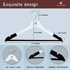Unic Hangers - Non Slip White Wooden Hangers 10 Pack– Thin Hangers Velvet on Shoulders and Bar for Clothes. Hangers with 360° Swivel Hooks. Chic Wood Coat Hangers for Closet for a Classy Wardrobe