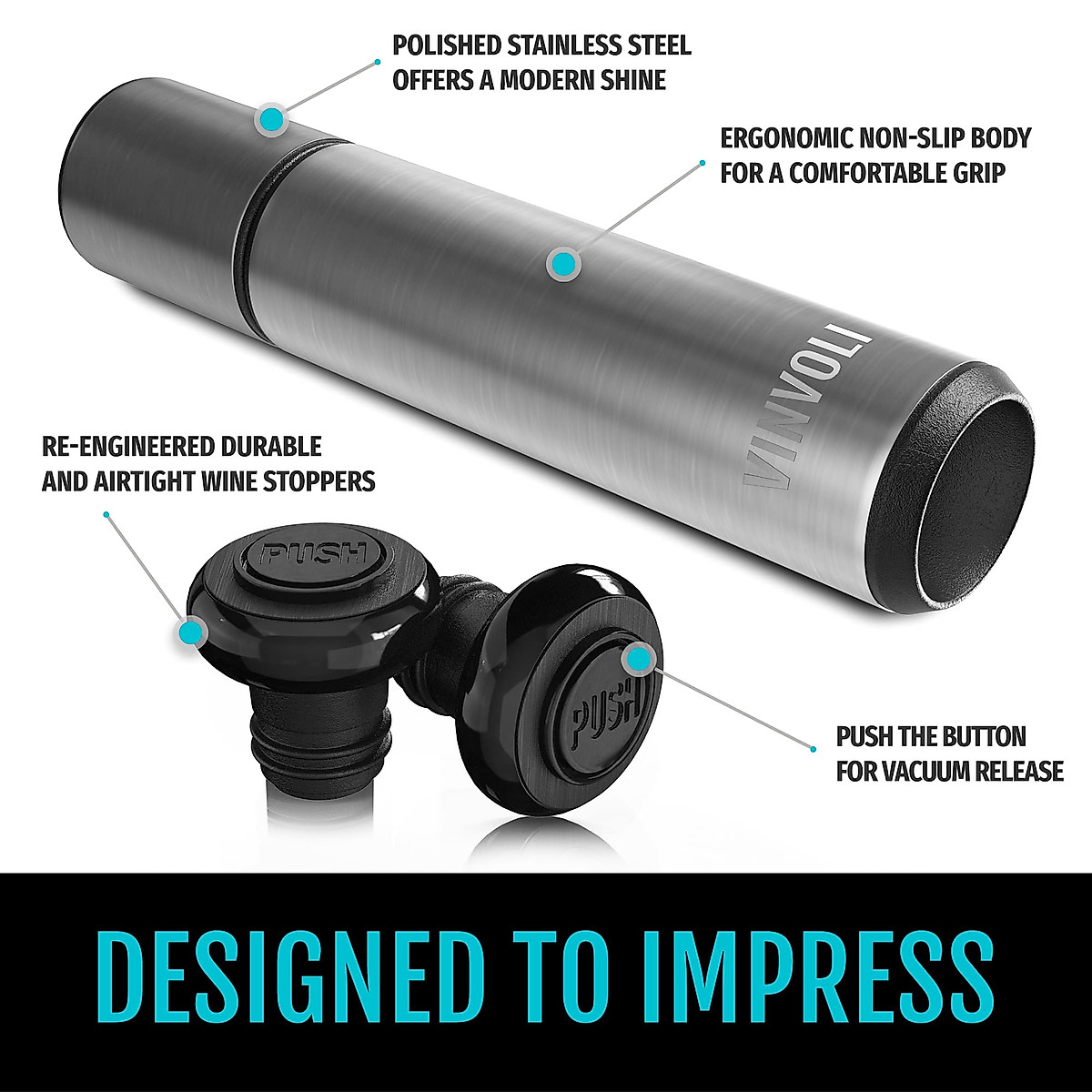 VINVOLI Wine Preserver Set - New 2024 Wine Vacuum Pump with 2 Reusable Wine Stoppers - Wine Sealer and Wine Saver to Keep Wine Fresh Longer - Professional Quality for Wine Lovers and Sommeliers