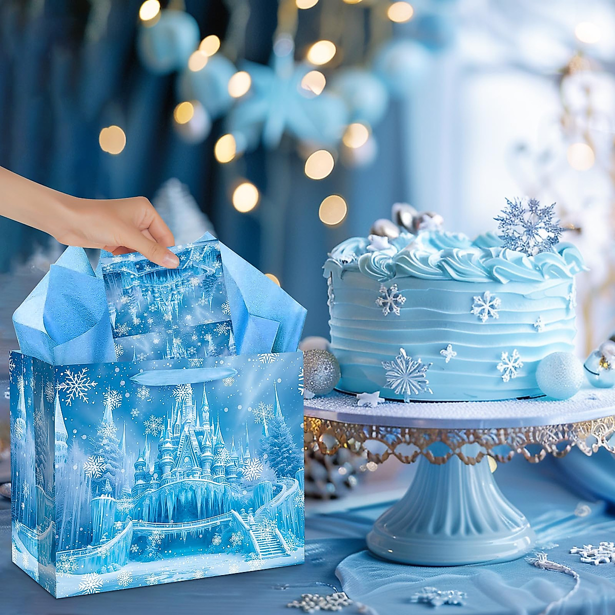 Large Frozen Gift Bag Snowflake Winter Birthday Favors Bags with Greeting Card and Tissue Paper Frozen Snowflake Castle Wrapping Paper Bags for Kids Girls Boys Birthday Party Decorations Supplies