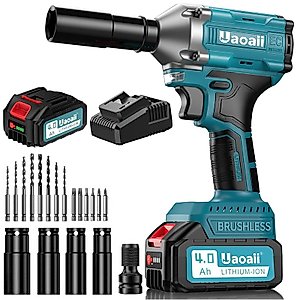 Uaoaii Cordless Impact Wrench Compact Size, 1/2 Power Impact Gun Brushless 420 ft-lbs (550N.m) w/ 4.0A Li-ion Battery, Fast Charger, Sockets, Drill & Screw Bits, 3 in 1 Multi-Function