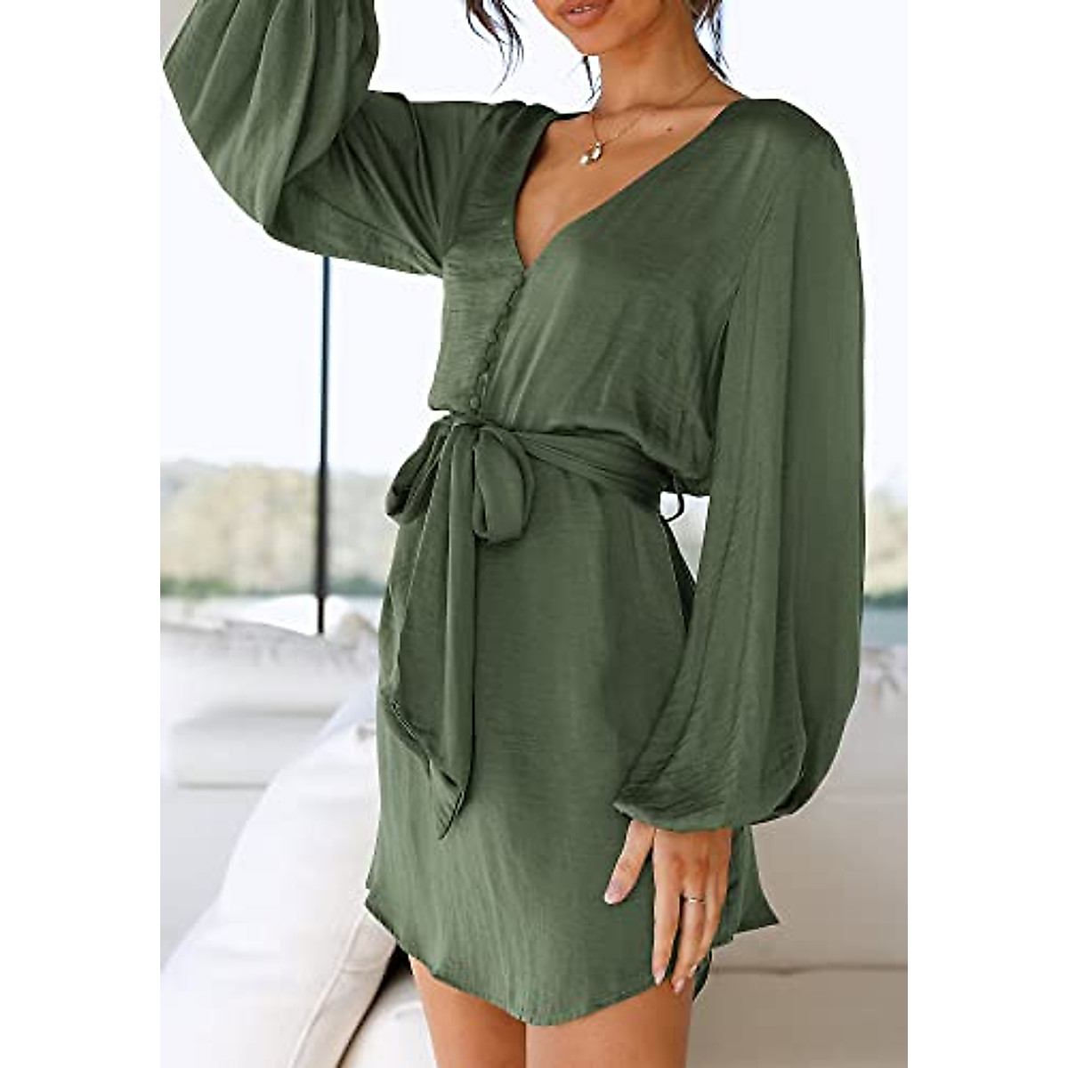 PRETTYGARDEN Women's Spring Long Puff Sleeve Satin Dress V Neck Cocktail Party Belted Short Formal Dresses (Army Green,Medium)