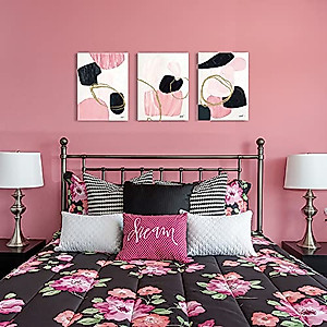 B BLINGBLING 3 Framed Pink Wall Decor: Blush Pink and Black Room Decor Black Pink Gray Gold White Abstract Canvas Art for Girls Bedroom Bathroom Office Living Room Home Decorations 12"x16"x3 Panels