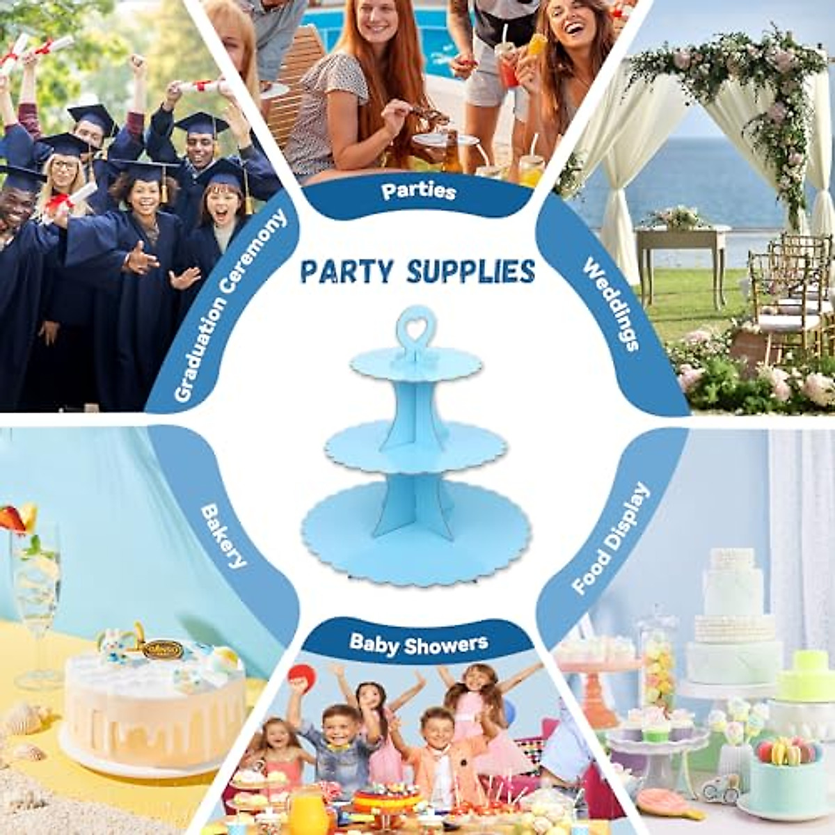 KINMRIS Blue Cake Stands Cardboard 3- Tier Dessert Cupcake Stand for Afternoon Tea 2 Pack, 3-Tier Cupcake Holder for Weddings, Birthday Party Supplies, Wedding Anniversary