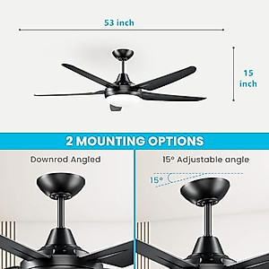 CJOY Ceiling Fan with Lights for Living Room, 53 Inch Modern Ceiling Fan with 5 Reversible Blades, Dimmable LED, Remote Controls, Black Ceiling Fan Bedroom, Outdoor Ceiling Fans for Patios, 6-Speed
