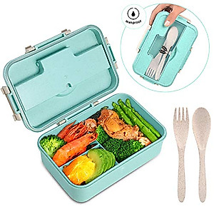 Supplim Bento Box For Kids Adults Lunch Box With 3 Compartment,Wheat Fiber Leak Proof Food Container With Spoon & Fork,1200ML Lunch Boxes Containers For Men Women (Model2-Green)