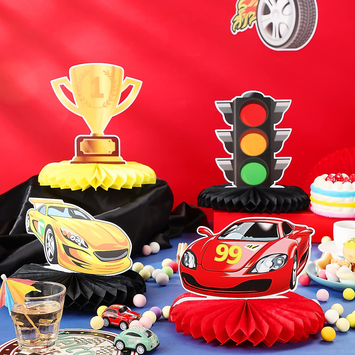 9 Pieces Race Car Party Decorations Race Car Honeycomb Centerpieces Racing Party Table Decor Double-Sided Cars Photo Booth Props for Birthday Baby Shower Race Car Theme Party Supplies