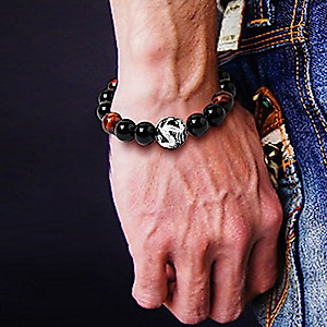 Merdia Men's Tiger Eye Stretch Bracelet with Dragon King Pattern Bead(12MM Silver Dragon)