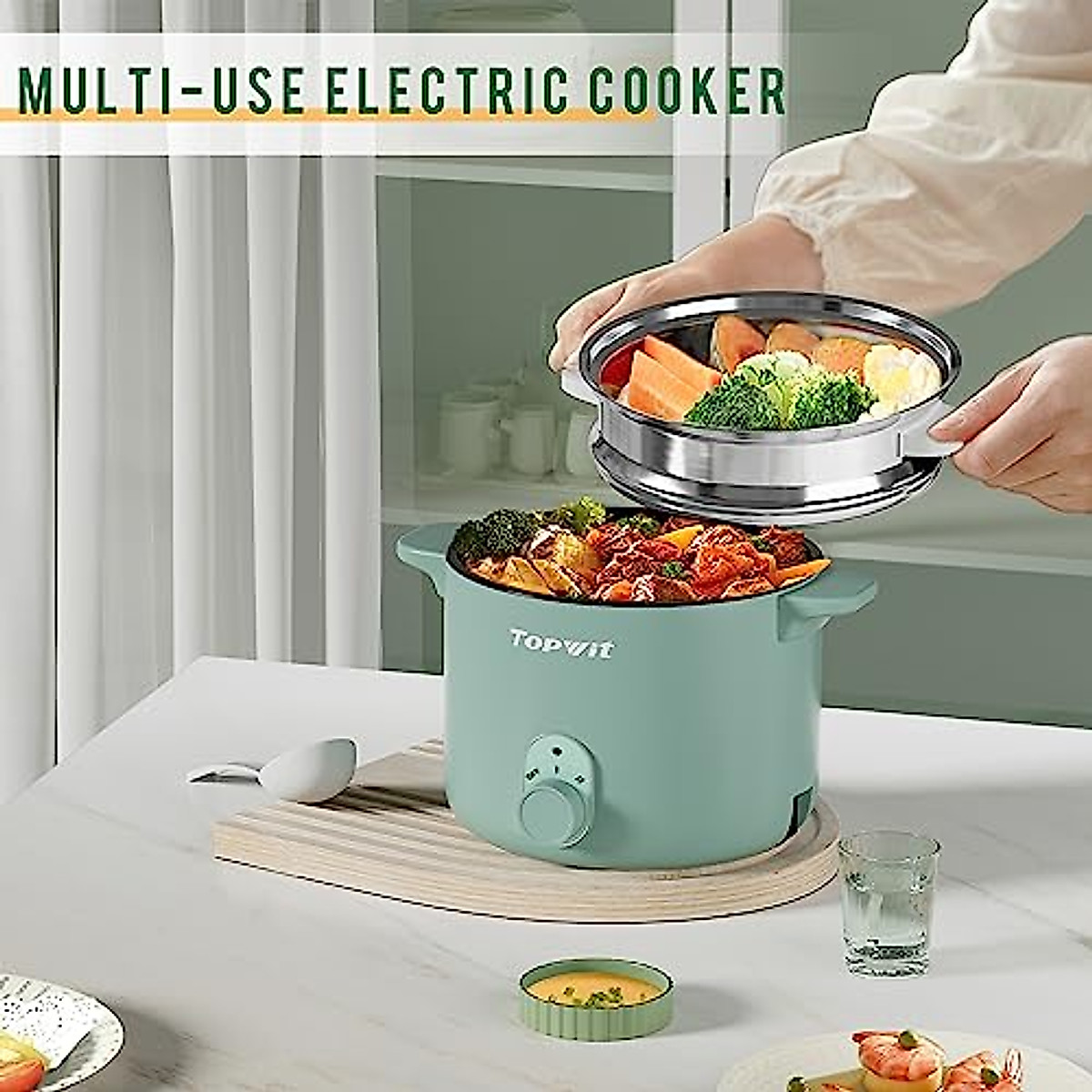 Topwit Electric Pot with Steamer, 1.5L Non-stick Ramen Cooker, Hot Pot Electric, Electric Pot for Cooking Pasta, Noodles, Steak, Egg, Portable Pot with Dual Power Control, Dorm Room Essentials, Green
