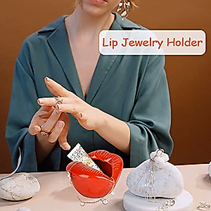 Trycooling Ceramic Red Lips Lipstick Ring Holder Jewelry Tray Rack Decorative Cosmetic Storage Display Holder Desktop Hairpin Storage Organizer Birthday Choice (Light Red)