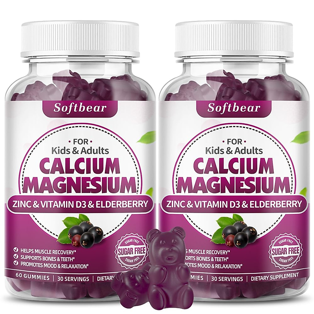 softbear Calcium Magnesium Zinc Gummies for Women, High Absorption Calcium Magnesium Supplement Chewable Calcium 600 mg for Bone Strength Vegan Elderberry Flavor 120 Gummies