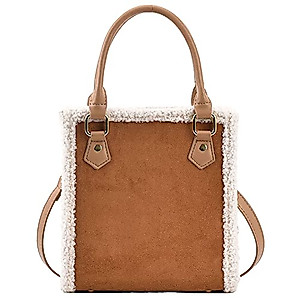 Mudono Handbags for Women Small Suede Tote Bag Square Crossbody Shoulder Purse with Faux Shearling Trim and Detachable Strap