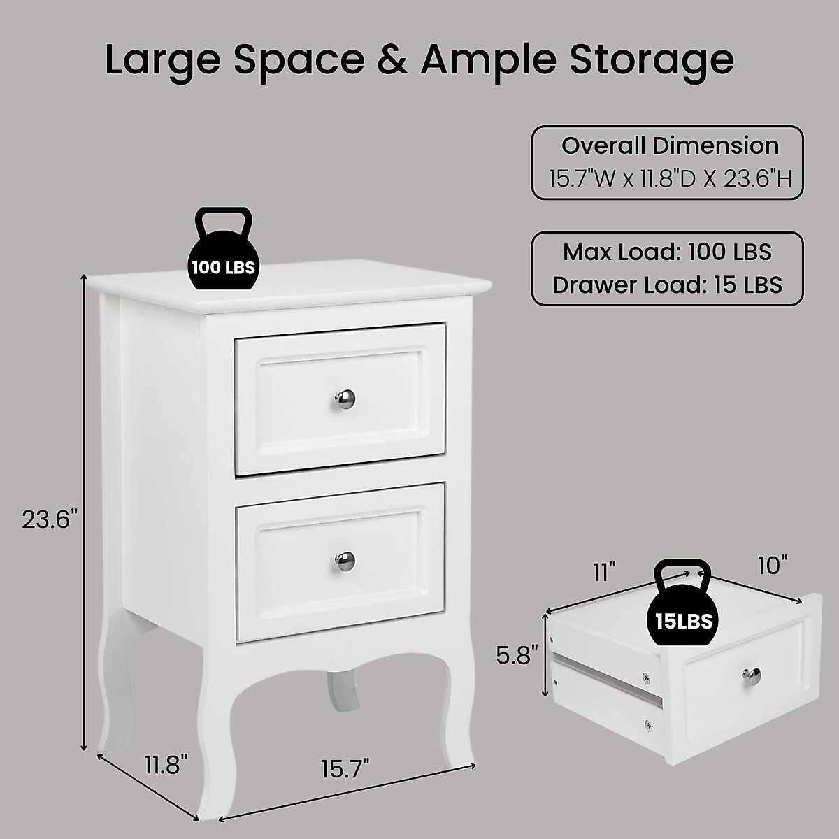 Karl home White Nightstand Set of 2. Farmhouse End Side Table Set of 2 Bedside Nightstands Chest with Drawers Small Night Stand with 2 Drawer and Solid Wood Legs for Bedroom, Living Room