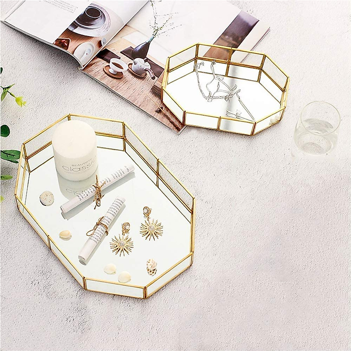 Decorative Metal Mirror Catchall Tray, Glass Vanity Tray, Dresser Tray, Jewelry Display Tray, Vanity Organizer for Accent Table, Gold Leaf Finish, 12.4x8.5x2 inches (Polygon)