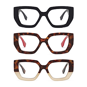 AMOMOMA 3-Pack Oversized Square Reading Glasses for Women,Fashion Trendy Style Blue Light Blocking Eyewear Readers Large Frame with Spring Hinge AM6109 C1+C3+C4 1.0 x