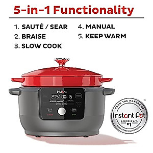 Instant Pot, 6-Quart 1500W Electric Round Dutch Oven, 5-in-1: Braise, Slow Cook, Sear/Sauté, Cooking Pan, Food Warmer, Enameled Cast Iron, Free App With 50 Recipes, Perfect Wedding Gift, Red