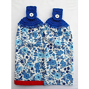 EVIE COLLECTION KITCHEN TOWELS - AVAILABLE IN 3 COLORS -TEAL, RED OR BLUE - CROCHET TOP HANGING KITCHEN TOWEL (BLUE)