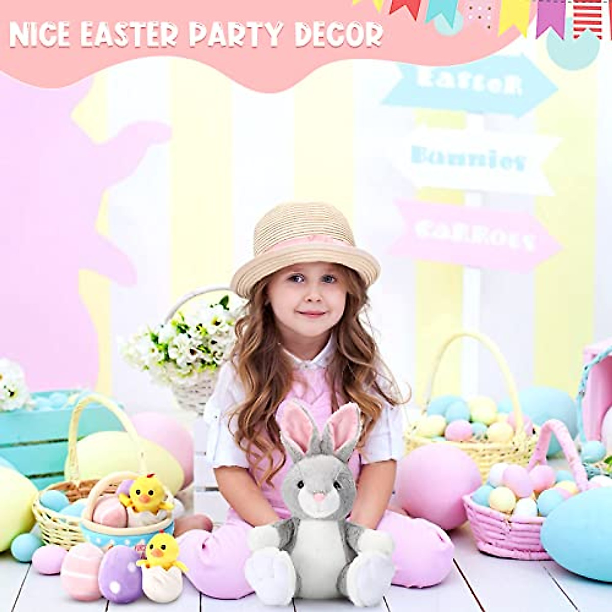 6 Pieces My First Plush Egg Basket 14 Inch Plush Easter Bunny Rabbit Stuffed Animal with Plush Easter Chick Eggs for Easter Theme Party Favor, Easter Eggs Hunt, Basket Stuffers Fillers Gifts