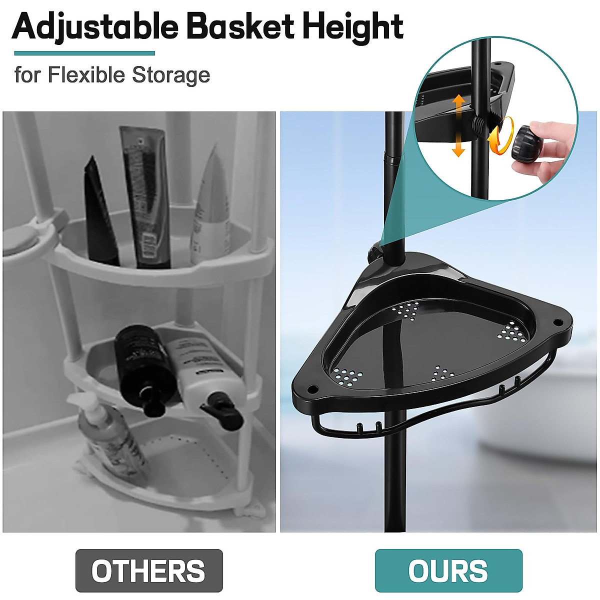 NEZHEIZERY Shower Caddy Tension Pole, Quick Installation Rustproof Corner Shower Caddy 56-125 Inch Adjustable Bathroom Organizer, 4 Tiers Plastic Shelves for Shampoo Storage