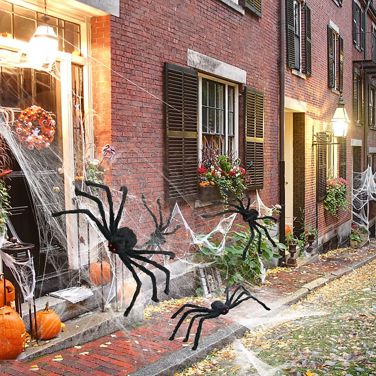 Halloween Spider Web Decoration Outside 16ft + Giant Spider 35" + Stretchy Dense Spider Silk Rope and 2 Small Spiders Triangular Huge Spider Web for Yard Outdoor