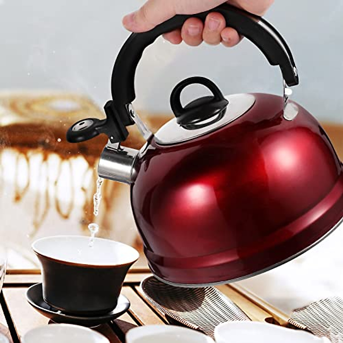 Alipis Stainless Steel Tea Kettle, Stove Top Teapot Water Kettle 3L Whistling Tea Kettle Coffee Kettle Water Boiling Milk Warmer For Home Kitchen Outdoor Red
