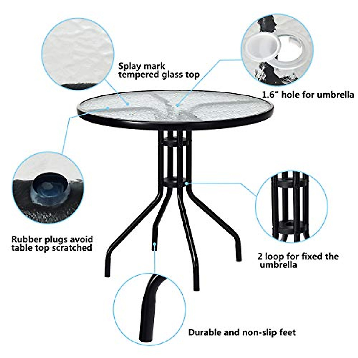Goplus 32" Outdoor Round Patio Table with Umbrella Hole, All Weather Dining Table Tempered Glass Top, Bistro Table Coffee Table Furniture Commercial Party Event for Backyard Lawn Balcony Pool
