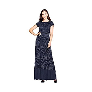 Adrianna Papell Women's Short Sleeve Blouson Beaded Gown, Navy, 10