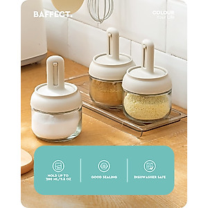 Baffect Spice Containers, Set of 3 Coffee Bar Sugar Jars with Adjustable Spoons, Glass Salt Bottles with a Tray for Kitchen Seasonings (Apricot White)