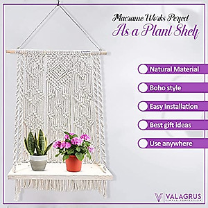 VALAGRUS Macrame Wall Hanging Shelves, Boho Room Decor, Rope Shelf with Handmade Woven Rope 2 Coasters, Wooden Hanging Shelves for Bedroom, Bathroom, Living Room Kitchen, Photo Frames, Small Plants.