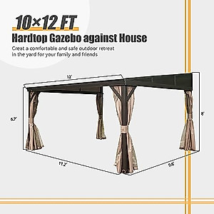Domi Outdoor Living 10' x 12' Hardtop Gazebo with Aluminum Frame, Wall Mounted Gazebo Galvanized Steel Roof Sloping Pergola with Curtains and Netting for Patio Deck Backyard Lawn Party