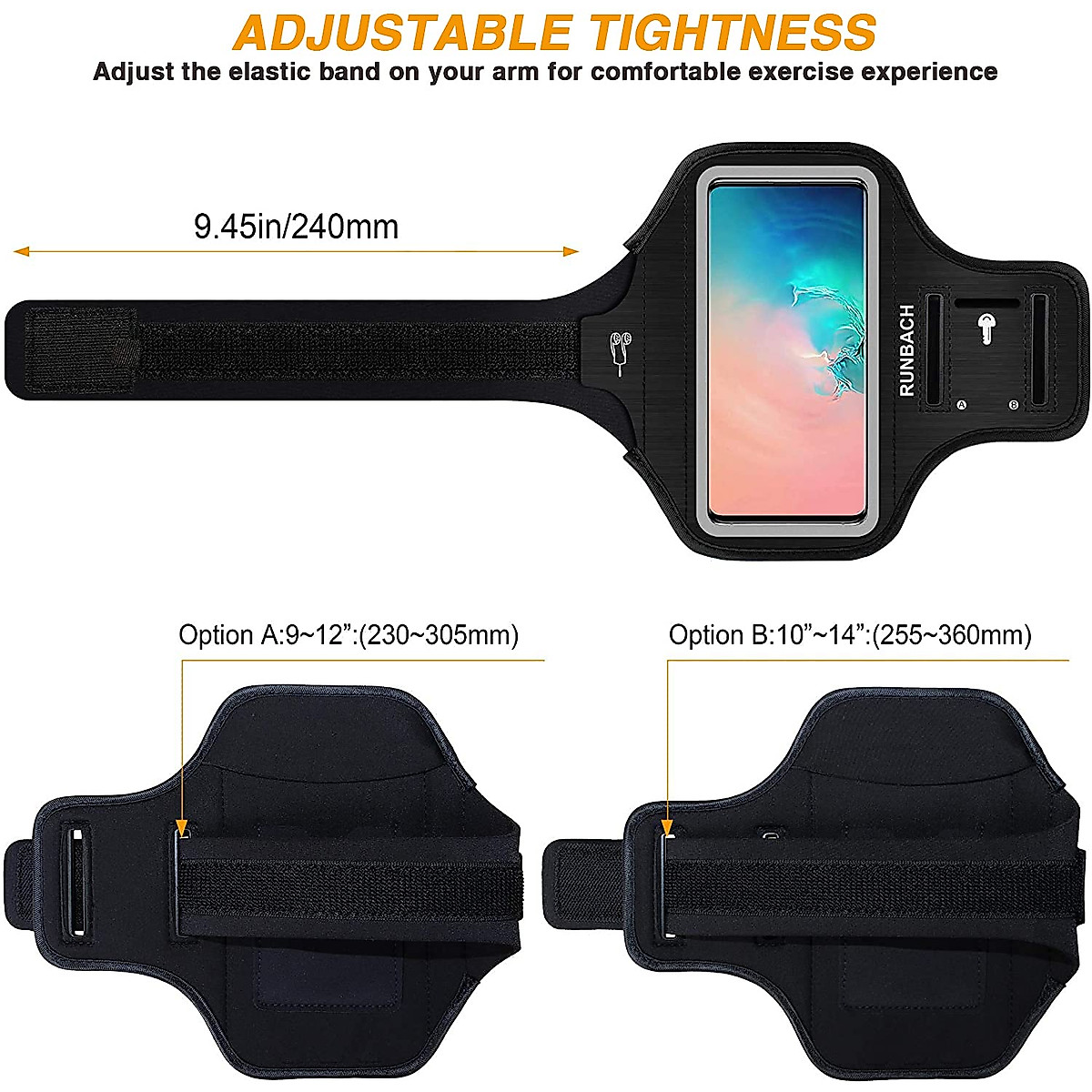 RUNBACH Armband for Samsung Galaxy S24/S23/S22/S21/S20/S10/S9/S8 up to 6.2", Water Resistant Running Exercise Gym Bag with Card Slot and Key Holder (Black)