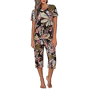 Ekouaer Comfy Lounge Sets for Women Short Sleeve V-Neck Tops with Capri Pants Floral Printed Pajama Set with Pockets