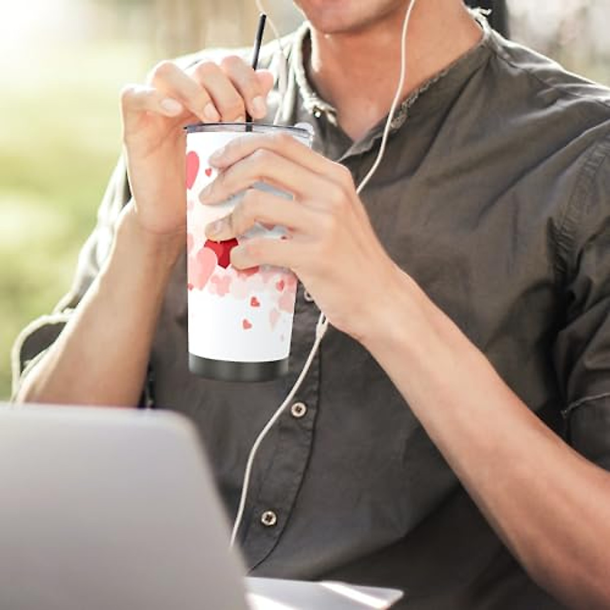 QWEUIOP 20oz Insulated Travel Coffee Mug Heart Pattern Stainless Steel Tumbler with Lid Double Wall Vacuum Coffee Cup For Hot and Cold Drinks14489