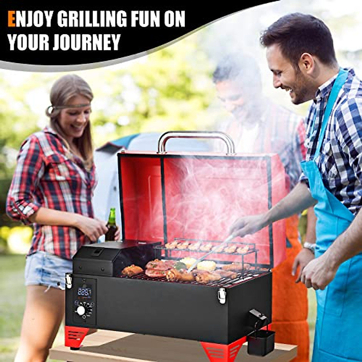 ORALNER Portable Pellet Grill and Smoker, 8 in 1 Tabletop Smoker Outdoor BBQ w/ Auto Temp Control for Camping RV Travel Tailgating Apartment Cooking, Small Wood Pellet Smokers w/ LCD Screen, Grease Bucket, Stainless Steel Meat Probe (Red)