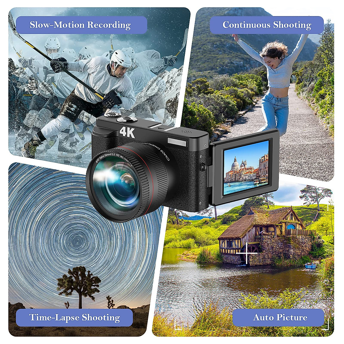 4K Digital Camera FHD 48MP Video Camera 16X Digital Zoom WiFi Vlogging Camera with Flash Light Compact Camera for Social Media 32GB SD Card 2 Batteries Wide Angle Lens Macro Lens