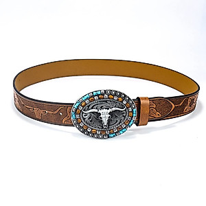 Women Western Cowboy Belt - PU Leather Longhorn Bull Turquoise Embossed Buckle Belt for Jeans Pants Dresses