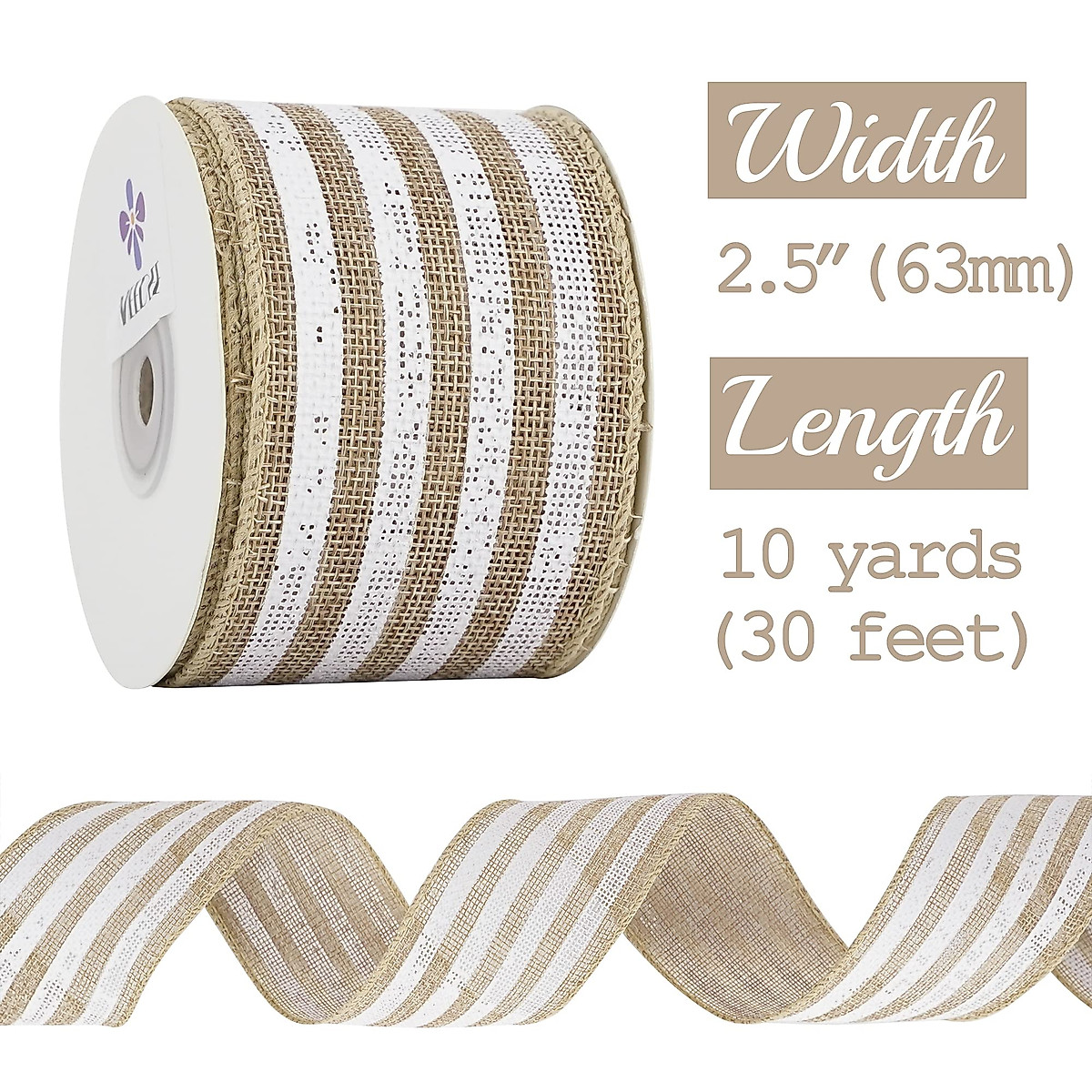 MEEDEE Burlap Wired Ribbon with White Stripe Burlap Ribbon 2.5 Inch Wired Ribbon for Cakes Gift Basket Bow Wreath Ribbon for Rustic Front Door Wreath Baby Shower Beach Farmhouse Decor, 10 Yards