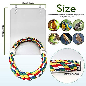 BWOGUE 7 Inch Bird Mirror with Rope Perch Cockatiel Mirror for Cage Bird Toys Swing Parrot Cage Toys for Parakeet Cockatoo Cockatiel Conure Lovebirds Finch Canaries