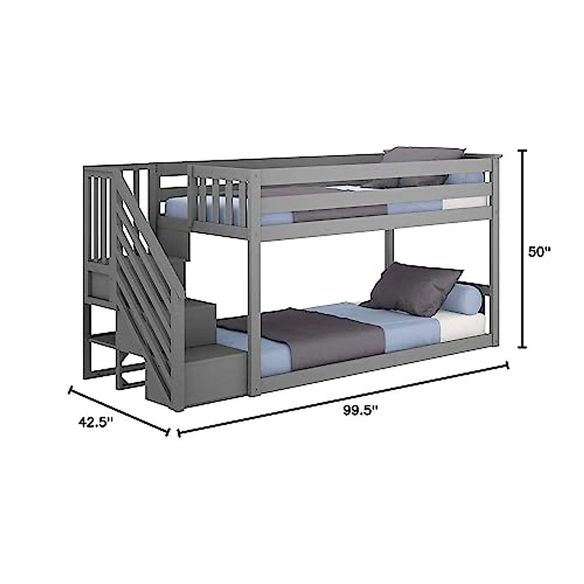 Max & Lily Low Bunk Bed, Twin-Over-Twin Bed Frame For Kids With Stairs, Grey