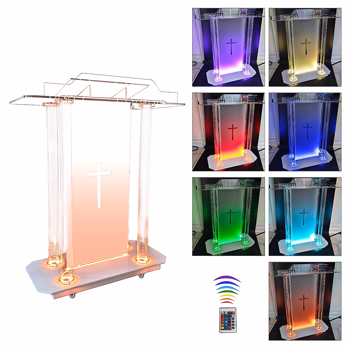 Church Pulpit with Hollow Cross Design,Led Acrylic Church Podium with Wheels& Vertical Reading Platform, 46”Transparent Lecterns for Churches,Classroom and Weeding