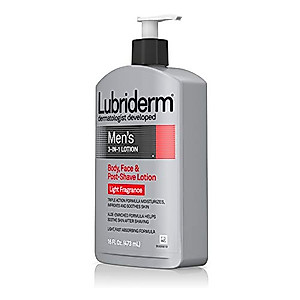 Lubriderm Men's 3-In-1 Lotion Enriched with Soothing Aloe for Body and Face, Non-Greasy Post Shave Moisturizer with Light Fragrance, 16 fl. oz