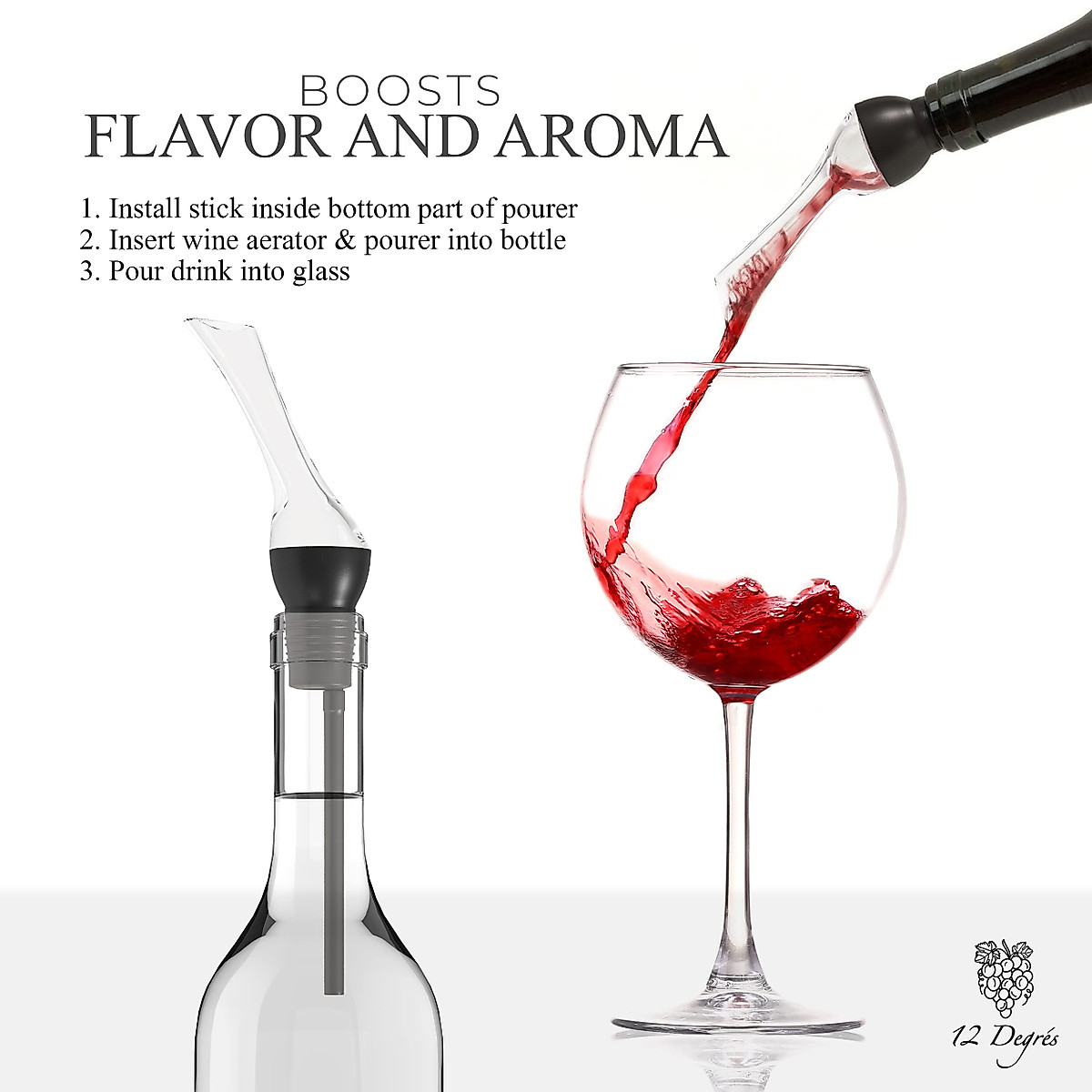 12 Degrés Wine Chiller Set - Perfect Wine Gifts for Women & Men - Stainless Steel Insulated Wine Cooler with Wine Pump, Aerator & 4 Stoppers (Silver)