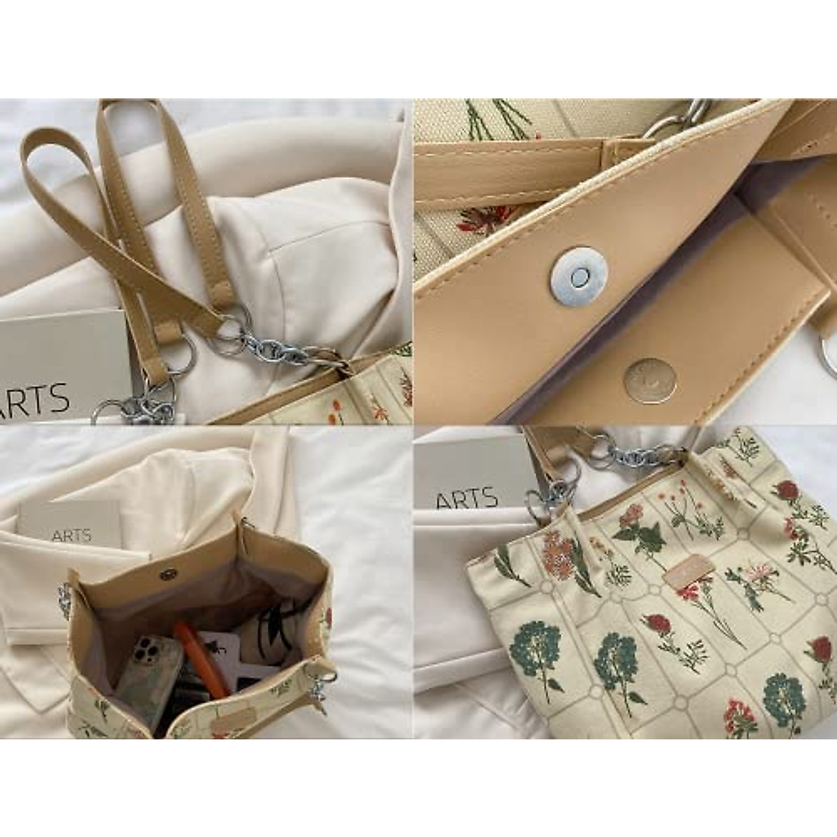 Botanical Tote Bag for Women Leather and Canvas Splicing Tote Bag Cottagecore Aesthetic Tote Bag Flowers Plants (Beige)