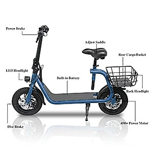 SEHOMY Foldable E Scooter with Adjustable Seat, 2 Wheels Scooters 450W Motor Battery, Lightweight Electric Moped for Adults Commuter - 15.5MPH, 20 Mile Range, Blue, 265lbs