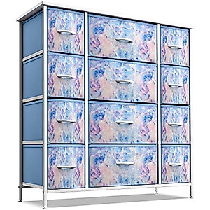 Sorbus Kids Dresser with 12 Drawers - Chest Organizer Unit with Steel Frame Wood Top & Handle, Fabric Bins for Clothes - Large Furniture for Bedroom Hallway Kids Room Nursery & Closet (Blue - Tie-dye)