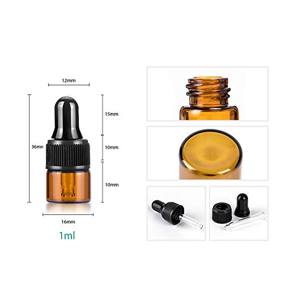 USRommaner 50 Pack,1ml Amber Glass Dropper Vial for Essential Oils,Empty Glass Eye Dropper Bottle With Black Screw Cap,Glass Liquid Pipette Travel Test Sample Perfume Vial-Transfer Pipette Included