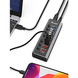 ikuai 5 Ports USB Hub with 4 USB Data Ports & 1 Fast Charging Port(12V/2A Power Adapter)+7 Ports USB Hub Aluminum with 4 USB Data Ports & 3 Fast Charging Port(12V/3A Power Adapter)