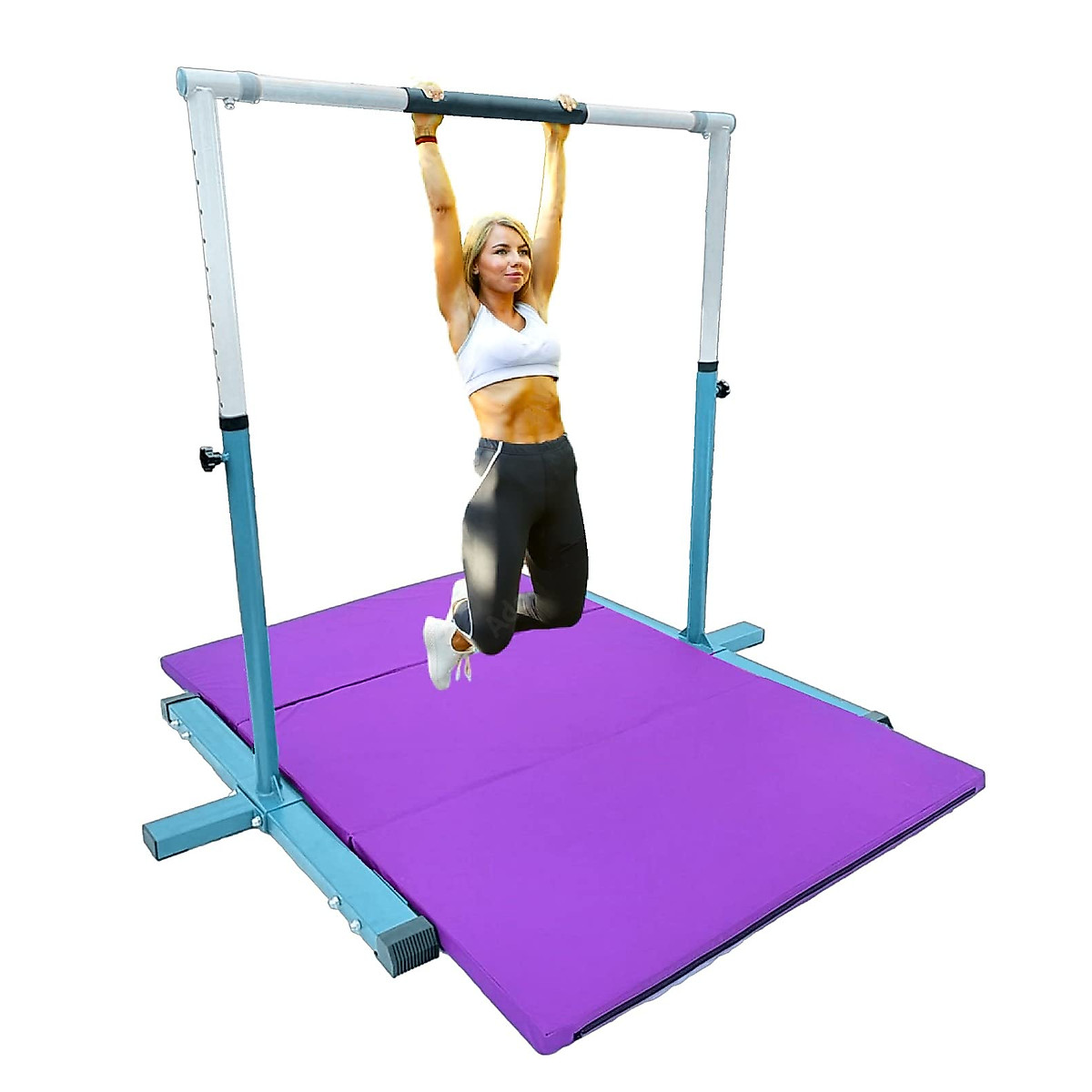 Athletic Bar Expandable Gymnastics Kip Bar 3 in 1 Set with 8 FT Adjustable Balance Tube, 6'x4' Mat for Kids, Horizontal Bar Junior Gymnastic Training Adjustable 3-5 FT Gymnast Asymmetric Bar Blue