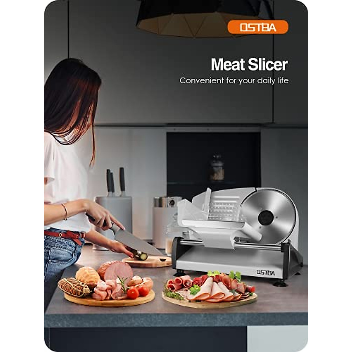 Meat Slicer 200W Electric Deli Food Slicer with 2 Removable 7.5" Stainless Steel Blade, Adjustable Thickness Meat Slicer for Home Use, Child Lock Protection, Easy to Clean, Cuts Meat, Bread and Cheese