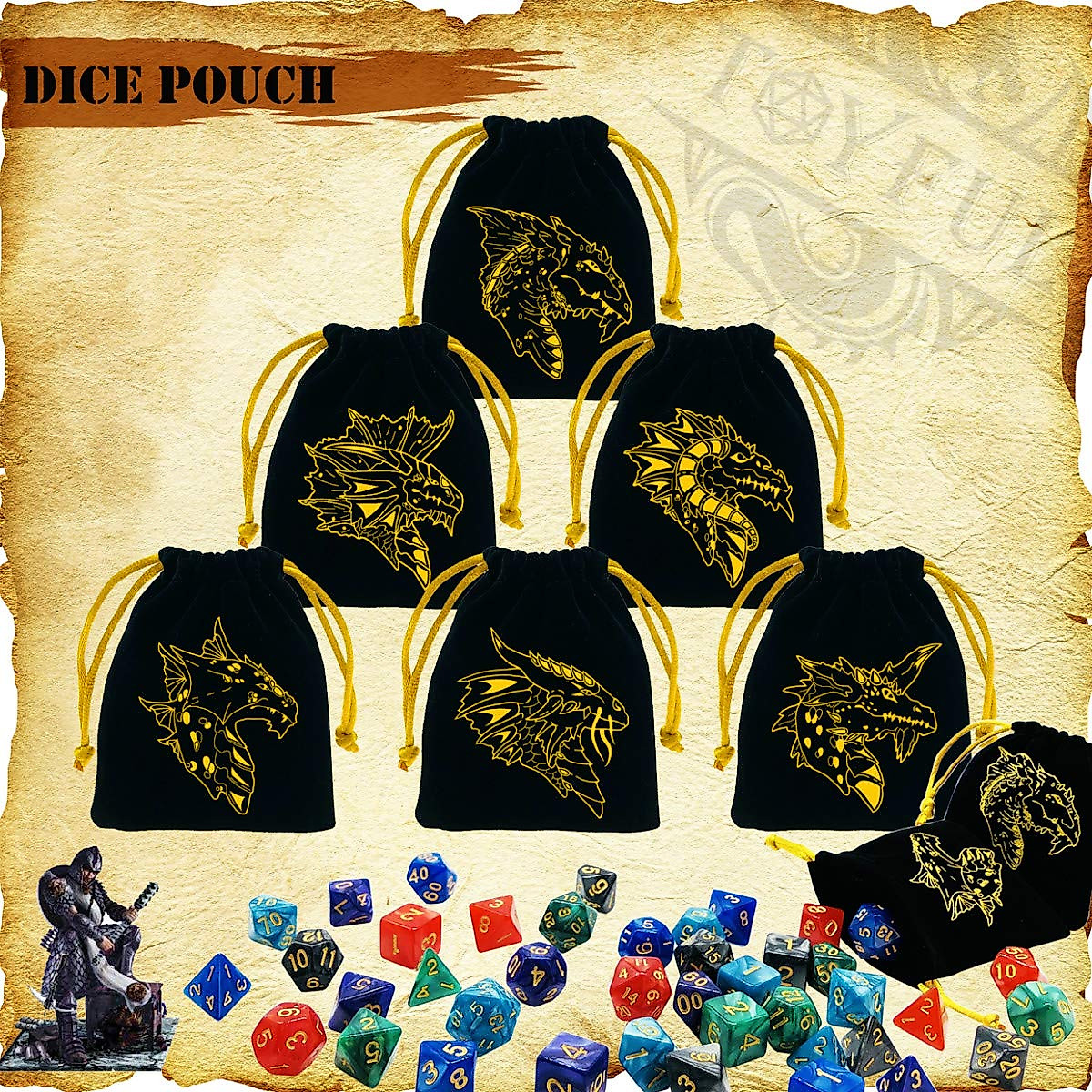 TOYFUL 6 Sets DND Dice Polyhedral Dungeons and Dragons DND RPG MTG Table Game Dice Bulk with Free Six Drawstring Bags and D&D Dice Tower Black
